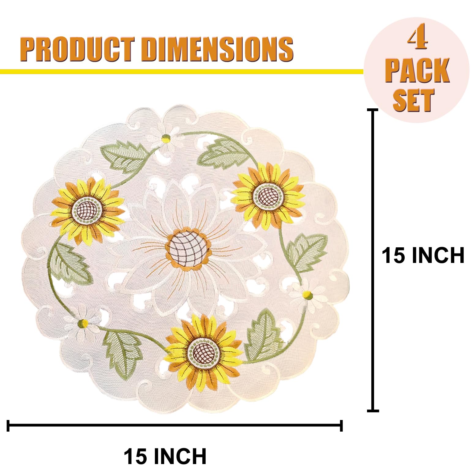 LeLehome Embroidery Sunflowers Cutwork Round Placemats, 4PCS 15" Home Kitchen Dining Autumn Summer Doily Tabletop Decoration