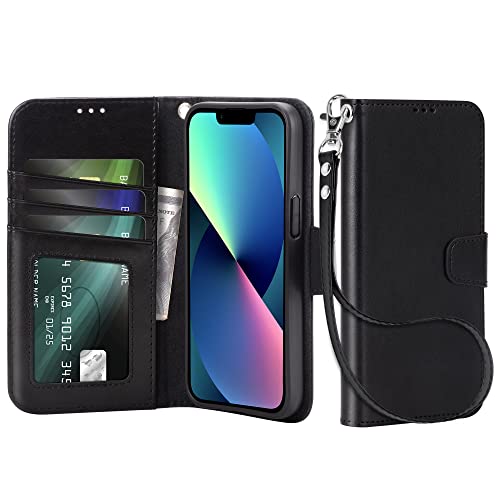 Lugege Compatible with iPhone 13 Case Wallet Flip Folio Case [Kickstand] with RFID Blocking Card Holders [Shockproof] and Wrist Strap Phone Cover Black