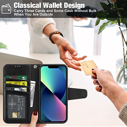 Lugege Compatible with iPhone 13 Case Wallet Flip Folio Case [Kickstand] with RFID Blocking Card Holders [Shockproof] and Wrist Strap Phone Cover Black