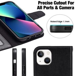 Lugege Compatible with iPhone 13 Case Wallet Flip Folio Case [Kickstand] with RFID Blocking Card Holders [Shockproof] and Wrist Strap Phone Cover Black