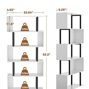 Gadroad 5 Tier Geometric Bookcase, Black and White Book Shelves, Modern Corner Bookcase Storage Shelf Wood for Living Room Home Office (White, 5 Tier)