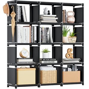 mavivegue book shelf, 12 cube storage organizer, diy bookcase, metal cube bookshelf,tall book case for bedroom, living room,office,closet storage organizer, black cubicle storage rack