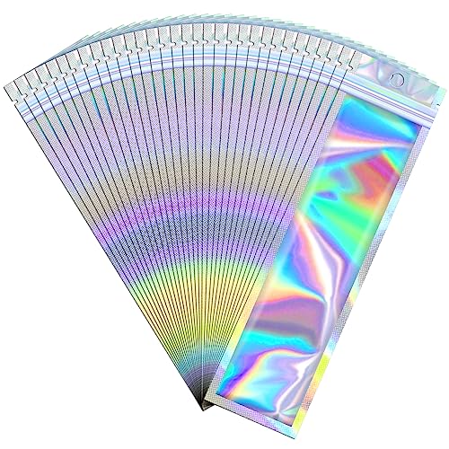 JETMORE 100 Pcs Mylar Bags, Holographic Bags, Smell Proof Bags, Resealable Bags for Small Business, Sample Bags with Clear Window, Sealable Bags for Pen, Brushes, Jewelry, Candy, Necklaces (2.4x9in)