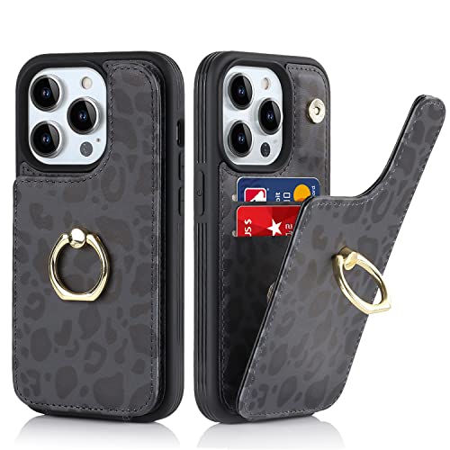 Elteker iPhone 13 Pro Max Phone Case with Card Holder,Wallet Case for Women with Ring Kickstand RFID Blocking Card Slots Leather Case for iPhone 13 Pro Max (6.7") - Dark Leopard