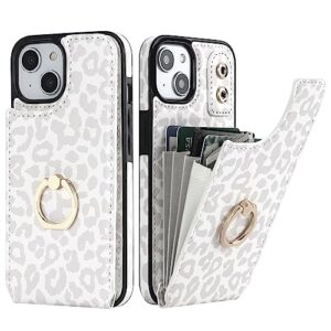 haopinsh for iphone 13/ iphone 14 wallet case with card holder, 360°rotation ring kickstand, white leopard cheetah pattern, rfid blocking leather for girls women, double buttons flip protective 6.1"