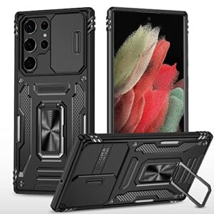 lkpingan for samsung galaxy s22 ultra 5g case with slide camera cover &360 degree rotating ring kickstand, military grade drop protection rugged shockproof case for galaxy s22 ultra 6.8 inch black