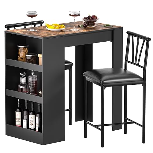 VECELO Small Bar Table and Chairs Tall Kitchen Breakfast Nook with Stools/Dining Set for 2, Storage Shelves, Space-Saving, Retro