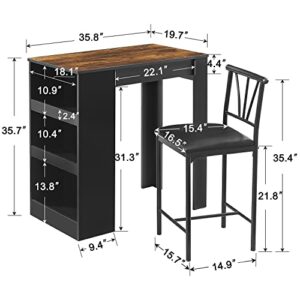 VECELO Small Bar Table and Chairs Tall Kitchen Breakfast Nook with Stools/Dining Set for 2, Storage Shelves, Space-Saving, Retro