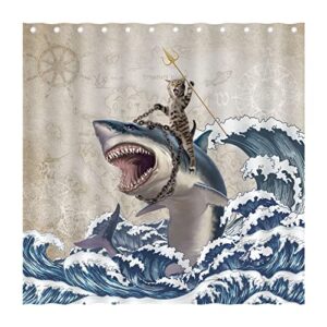 leitingya funny cat shower curtain, cool cat riding shark shower curtain, japanese ocean wave nautical anchor shower curtains for bathroom, waterproof shower curtain set 12 hooks included -72x72 inch