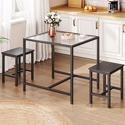 HOOBRO Dining Table Set, Glass Bar Table and Chair Set, Kitchen Table and Chairs with 2 Bar Stools, 3-Piece Bar Height Table and Chairs for Living Room, Dining Room, Party, Black BK80CZ01