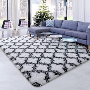 unirea 8x10 feet luxury shag area rug modern indoor plush fluffy rugs, super soft and fuzzy carpet, geometric moroccan rugs for bedroom living room girls kids nursery, grey/white