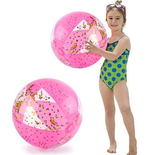 FUTUREPLUSX 2PCS Glitter Beach Balls, 16 Inch Inflatable Beach Balls Confetti Sparkling Balls for Kids Toddlers Sand Toys Summer Pool Party Favors