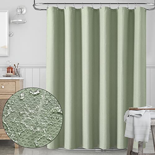 GERGELLA Sage Green Shower Curtain - Waffle Heavy Duty Fabric Shower Curtains for Bathroom, Showers, Hotel Spa Luxury Weighted Polyester Cloth Bath Curtain Set with 12 Hooks，72Wx72H,Green