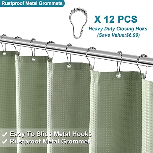 GERGELLA Sage Green Shower Curtain - Waffle Heavy Duty Fabric Shower Curtains for Bathroom, Showers, Hotel Spa Luxury Weighted Polyester Cloth Bath Curtain Set with 12 Hooks，72Wx72H,Green