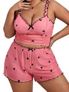 wdirara women's plus size sleepwear heart print ruched lettuce trim cami top and shorts pajama set watermelon pink 3xl