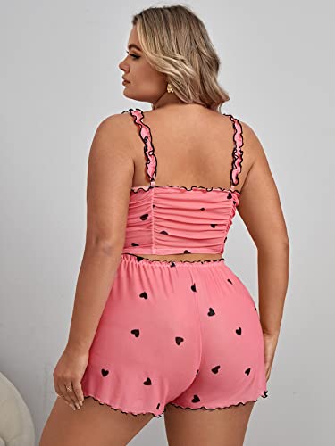 WDIRARA Women's Plus Size Sleepwear Heart Print Ruched Lettuce Trim Cami Top and Shorts Pajama Set Watermelon Pink 3XL