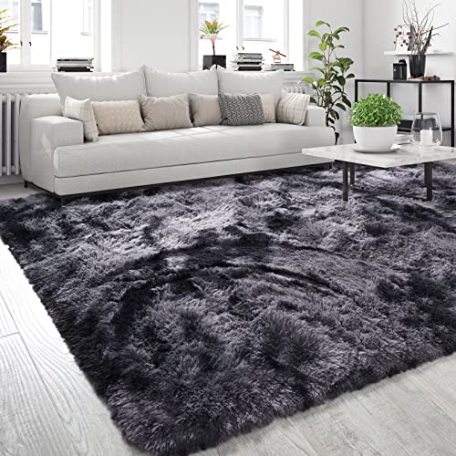 QXKAKA Shag Area Rugs for Living Room 8x10 Ft, Fluffy Soft Indoor Large Area Rug, Washable Modern Shaggy Rug Home Decor, Non-Slip Plush Carpet for Bedroom Nursery Kids Room, Tie Dye Dark Grey