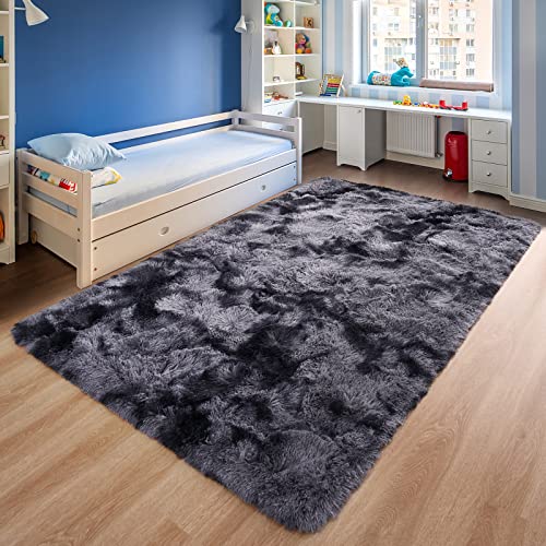 QXKAKA Shag Area Rugs for Living Room 8x10 Ft, Fluffy Soft Indoor Large Area Rug, Washable Modern Shaggy Rug Home Decor, Non-Slip Plush Carpet for Bedroom Nursery Kids Room, Tie Dye Dark Grey