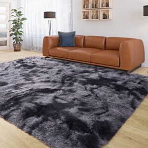 QXKAKA Shag Area Rugs for Living Room 8x10 Ft, Fluffy Soft Indoor Large Area Rug, Washable Modern Shaggy Rug Home Decor, Non-Slip Plush Carpet for Bedroom Nursery Kids Room, Tie Dye Dark Grey