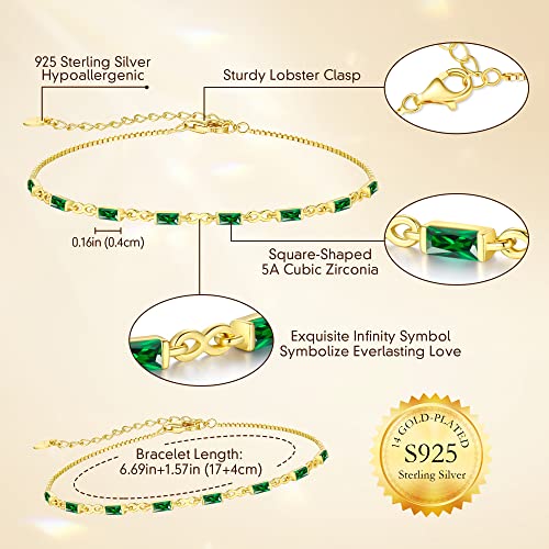 CDE 925 Sterling Silver Birthstone Tennis Bracelets for Women Dainty Simple Infinity Symbol Link Charm Bracelet Birthday Anniversary Valentine's Mother's Day Gifts for Mom Wife Mom Her Girl, Chain Length 6.7”+1.6” (Gold-05-May-Emerald Green)