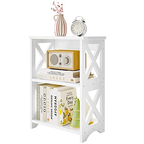 Fixwal Side Table End Table 3 Tier White Nightstand Small Bookshelf Bookcase for Small Spaces, Bedroom, Living Room, Bathroom, Office, Dorms