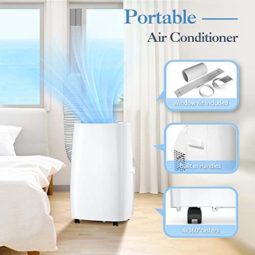 LifePlus Portable Air Conditioner, 14,000 BTU Portable AC Unit Up to 500 Sq Ft, Cooling Fan and Dehumidifier Modes, with Remote Control 3 Speeds Wind 90° Swing Window Kits 24H Timer