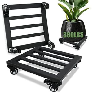 plant caddy with wheels, 2 pack 12 inch plant stand with wheels metal square plant dolly with lockable caster wheels heavy duty plant dolly base for indoor outdoor holds up 380 lbs pots planter, black