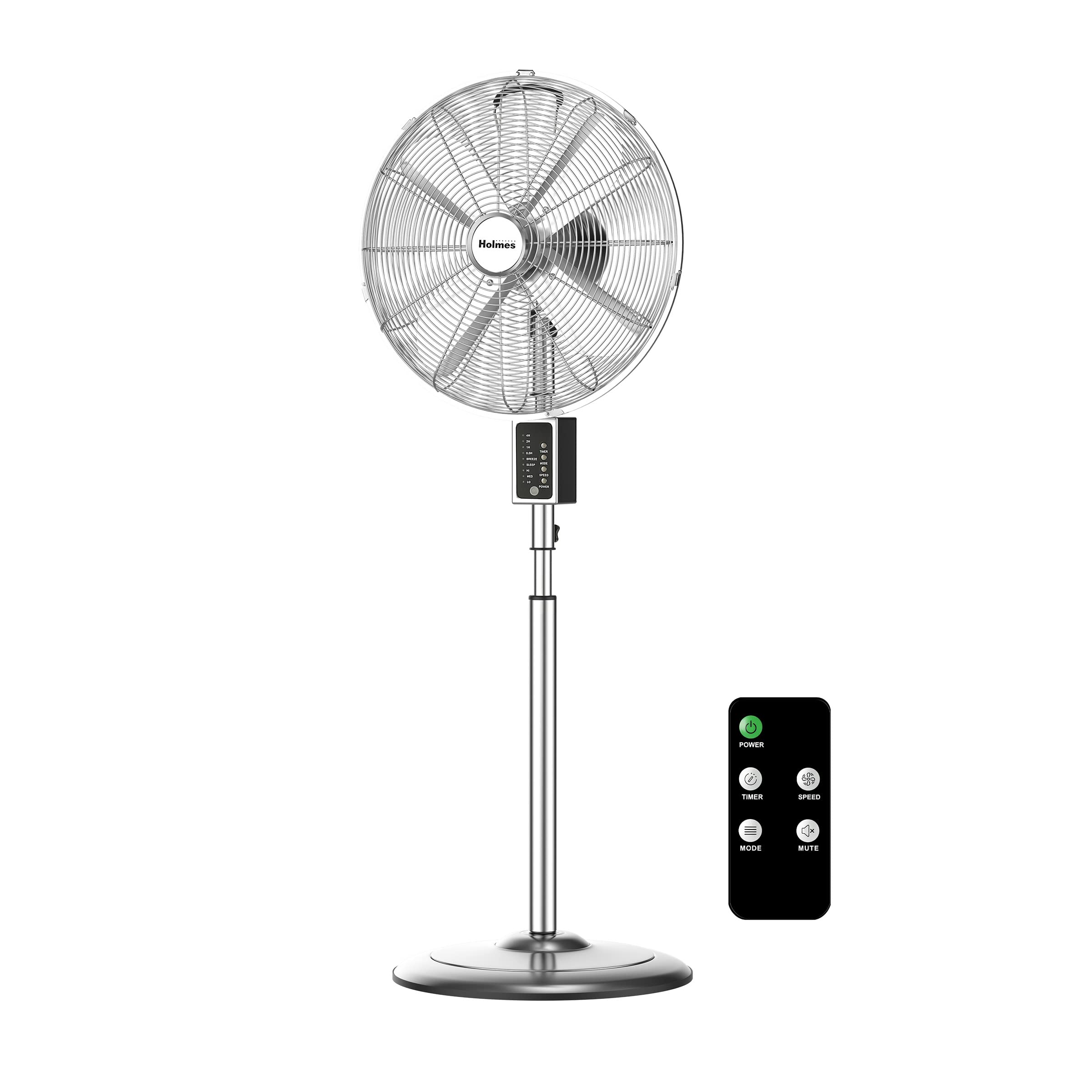 HOLMES 16" Chrome Digital Stand Fan, 75° Oscillation, 3 Speeds, 4 Blades, 3 Modes, Adjustable Height, 18° Head Tilt, Ideal for Home, Bedroom or Office, Remote Control