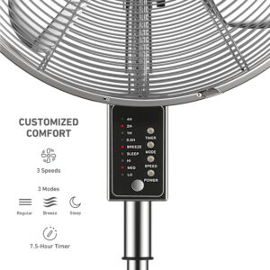 HOLMES 16" Chrome Digital Stand Fan, 75° Oscillation, 3 Speeds, 4 Blades, 3 Modes, Adjustable Height, 18° Head Tilt, Ideal for Home, Bedroom or Office, Remote Control