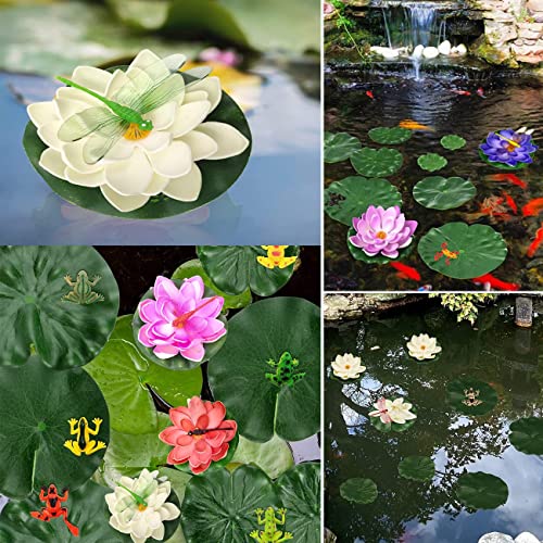 MANMANTAO 29 Pieces Realistic Floating Lily Pads Artificial Water Floating Foam Water Lily with Artificial Dragonfly Frog Fish for Pond Fountain Pool Home Outdoor Patio Aquarium Decoration