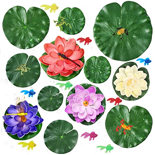 MANMANTAO 29 Pieces Realistic Floating Lily Pads Artificial Water Floating Foam Water Lily with Artificial Dragonfly Frog Fish for Pond Fountain Pool Home Outdoor Patio Aquarium Decoration