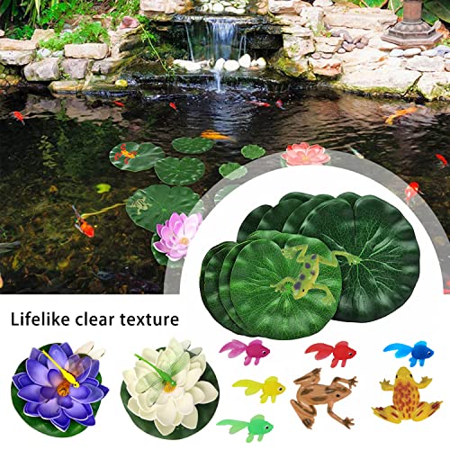 MANMANTAO 29 Pieces Realistic Floating Lily Pads Artificial Water Floating Foam Water Lily with Artificial Dragonfly Frog Fish for Pond Fountain Pool Home Outdoor Patio Aquarium Decoration