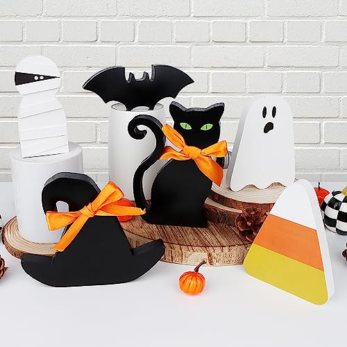 Halloween Table Decor, 6 PCS Halloween Decorations for Home, Free Standing Wooden Signs with Witch's Hat, Black Cat, Mummy, Ghost, Bat, Candy Corn for Tiered Tray, Desk and Mantle