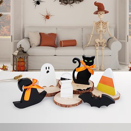 Halloween Table Decor, 6 PCS Halloween Decorations for Home, Free Standing Wooden Signs with Witch's Hat, Black Cat, Mummy, Ghost, Bat, Candy Corn for Tiered Tray, Desk and Mantle