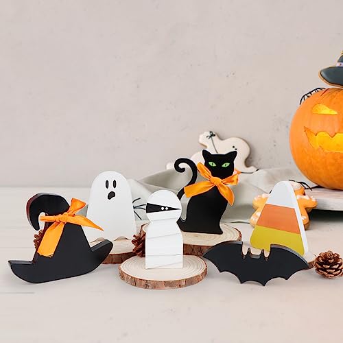 Halloween Table Decor, 6 PCS Halloween Decorations for Home, Free Standing Wooden Signs with Witch's Hat, Black Cat, Mummy, Ghost, Bat, Candy Corn for Tiered Tray, Desk and Mantle