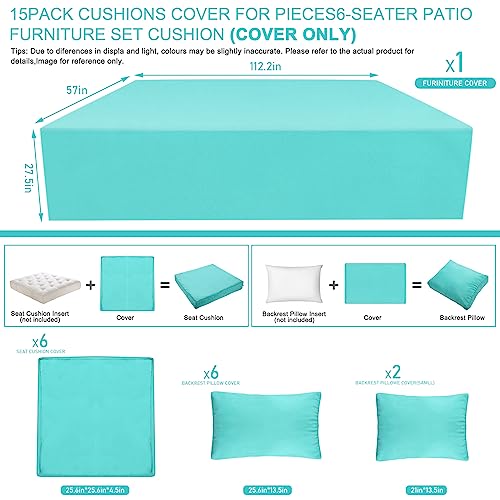 Kinlop 15 Pack Outdoor Cushion Covers Set, Replacement Patio Furniture Cushions, Outdoor Sectional Cushions for 6 Seat Sectional Furniture Sofa Chair with Water Repellent Fabric Cover (Turquoise)