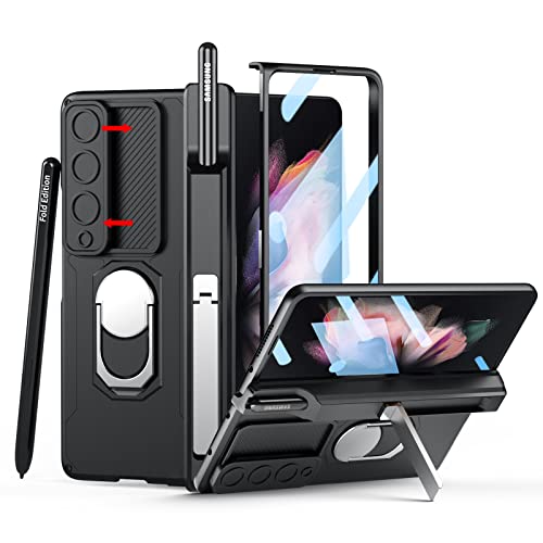 Libeagle Compatible with Samsung Galaxy Z Fold 3 Case, Heavy Duty Protective, Camera Lens Cover, S Pen Holder & Hinge Protection, Screen Protector, Safe to Hold with Ring, Rugged Stand 5G 2021-Black