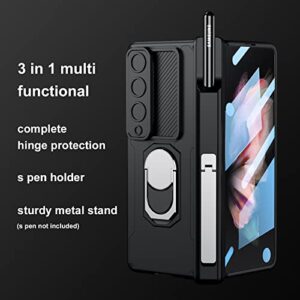 Libeagle Compatible with Samsung Galaxy Z Fold 3 Case, Heavy Duty Protective, Camera Lens Cover, S Pen Holder & Hinge Protection, Screen Protector, Safe to Hold with Ring, Rugged Stand 5G 2021-Black