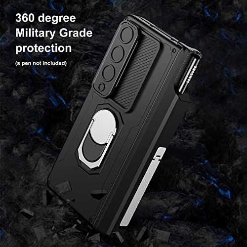 Libeagle Compatible with Samsung Galaxy Z Fold 3 Case, Heavy Duty Protective, Camera Lens Cover, S Pen Holder & Hinge Protection, Screen Protector, Safe to Hold with Ring, Rugged Stand 5G 2021-Black