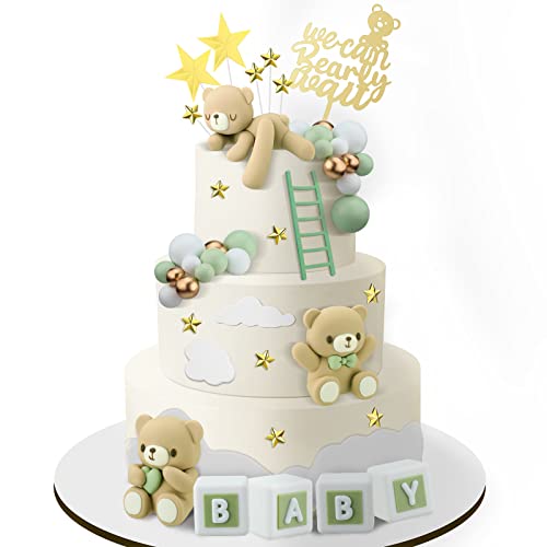 41 Pcs/Set Bear Cake Toppers Mini Bear Cake Decorations Cake Toppers Gold White Pearl Ball for Boy Girl Baby Shower Birthday Party Decorations (Green, Brown, Cute Style)