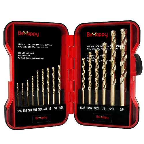 BeHappy Cobalt Drill Bit Set 15Pcs, M35 High Speed Steel Drill Bit Sets, Cobalt Twist Jobber Drill Bit for Hardened Metal, Stainless Steel, Cast Iron, Wood, Plastic, Index Storage Case, 1/16"-3/8"