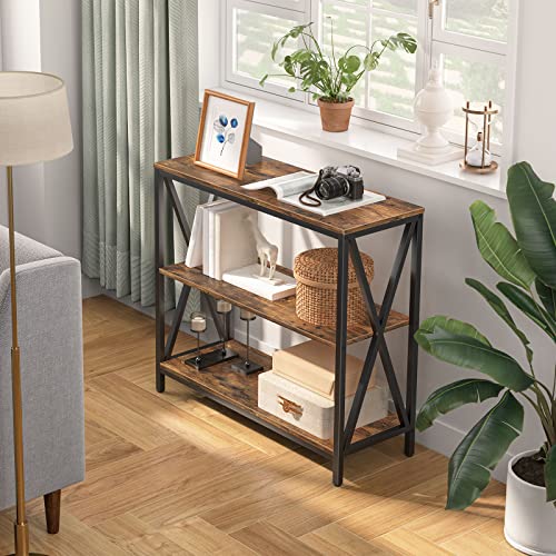 MAHANCRIS Sofa Table, Industrial Console Table, 3-Tier Narrow Side Table with Open Shelves, Foyer Table for Entryway, Hallway, Kitchen, Living Room and Bedroom, Easy Assembly, Rustic Brown, CTHR8001Z