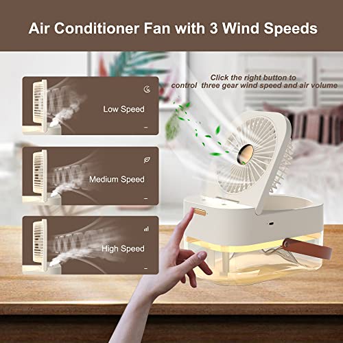 Portable Air Conditioner Fan, Mini Personal Evaporative Air Cooler with 3 Speeds, LED Light, Timing Functio, 3 IN 1 Personal Desk Air Conditioner Fan For Room, Camping, Car and Office (Pearly white)