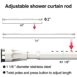 White Shower Curtain Rod Spring Tension No Drill, Adjustable Shower Rods for Bathroom Tension 40-74 inch, Never Fall Rust Proof Outdoor Tension Curtain Rod for closet,Patio,Window,Clawfoot Tub