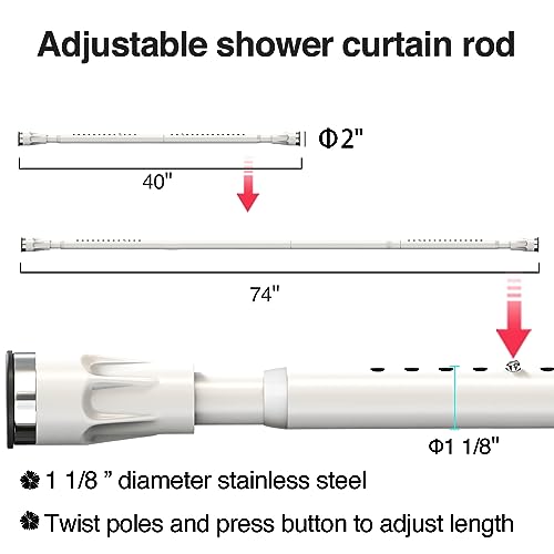 White Shower Curtain Rod Spring Tension No Drill, Adjustable Shower Rods for Bathroom Tension 40-74 inch, Never Fall Rust Proof Outdoor Tension Curtain Rod for closet,Patio,Window,Clawfoot Tub