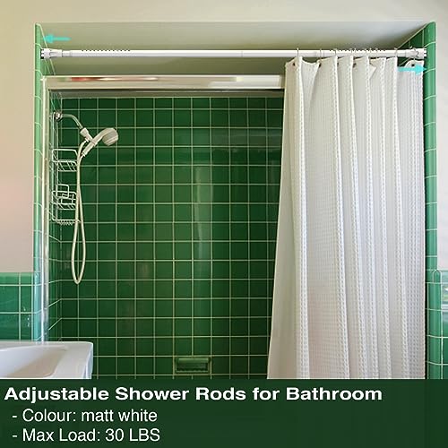 White Shower Curtain Rod Spring Tension No Drill, Adjustable Shower Rods for Bathroom Tension 40-74 inch, Never Fall Rust Proof Outdoor Tension Curtain Rod for closet,Patio,Window,Clawfoot Tub