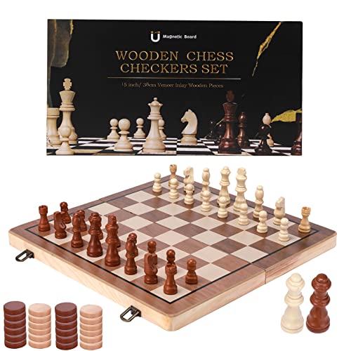 Ralout Chess Set 15" Magnetic Wooden Board Game - 2 in 1 Chess and Checkers Game Set for Adults and Kids (Magnetic)