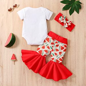 Baby Girl First Birthday Outfit Sweet One Fruit Short Sleeve Romper Top Flare Pants Headband 3Pcs Cake Smash Clothes (Watermelon, 6-12 Months)