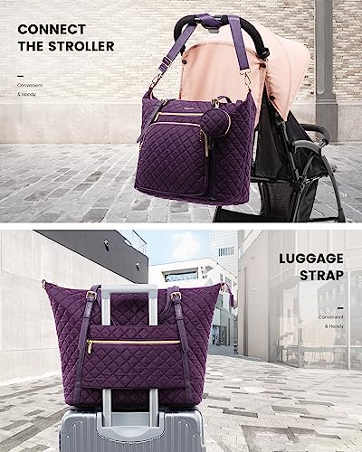 LOVEVOOK Diaper Bag Tote, Large Travel Baby Diaper Bag with Pacifier Holder and Changing Pad, Quilted Diaper Tote for Baby, Waterproof Mommy Bag for Hospital, Stylish & Multifunction, Purple