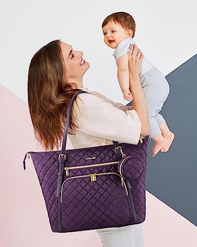 LOVEVOOK Diaper Bag Tote, Large Travel Baby Diaper Bag with Pacifier Holder and Changing Pad, Quilted Diaper Tote for Baby, Waterproof Mommy Bag for Hospital, Stylish & Multifunction, Purple